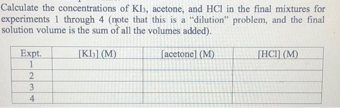 Solved Calculate the concentrations of KI3, acetone, and HCl | Chegg.com