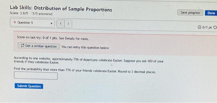 Solved Lab Skills: Distribution of Sample Proportions Score: | Chegg.com