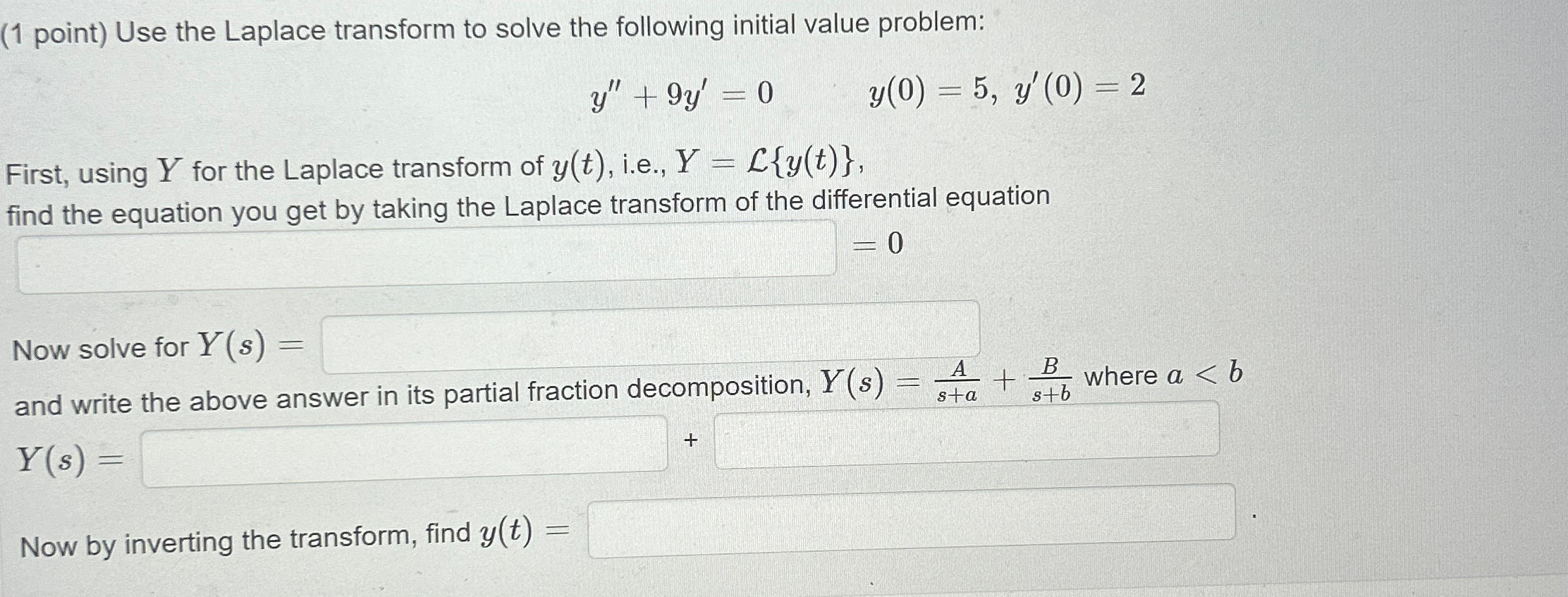 Solved (1 ﻿point) ﻿Use the Laplace transform to solve the | Chegg.com