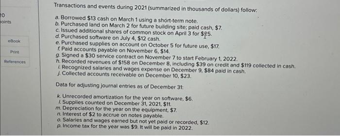 Solved Transactions and events during 2021 (summarized in | Chegg.com