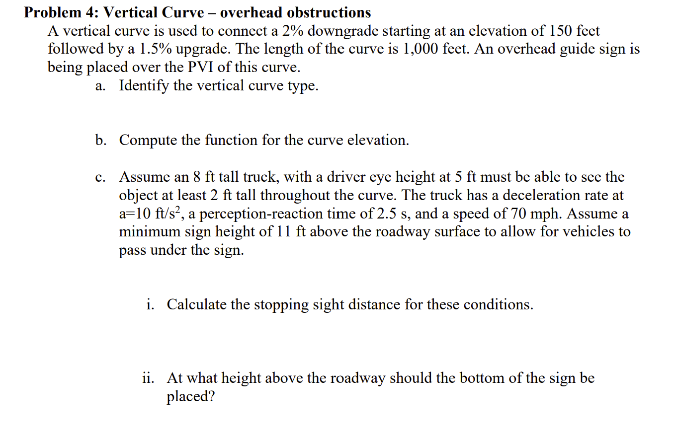 Solved Problem 4: Vertical Curve - ﻿overhead obstructionsA | Chegg.com