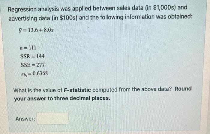 Solved Regression analysis was applied between sales data | Chegg.com