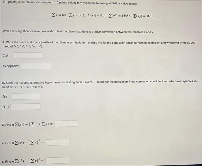 Solved (10 points) A simple random sample of 10 paired | Chegg.com