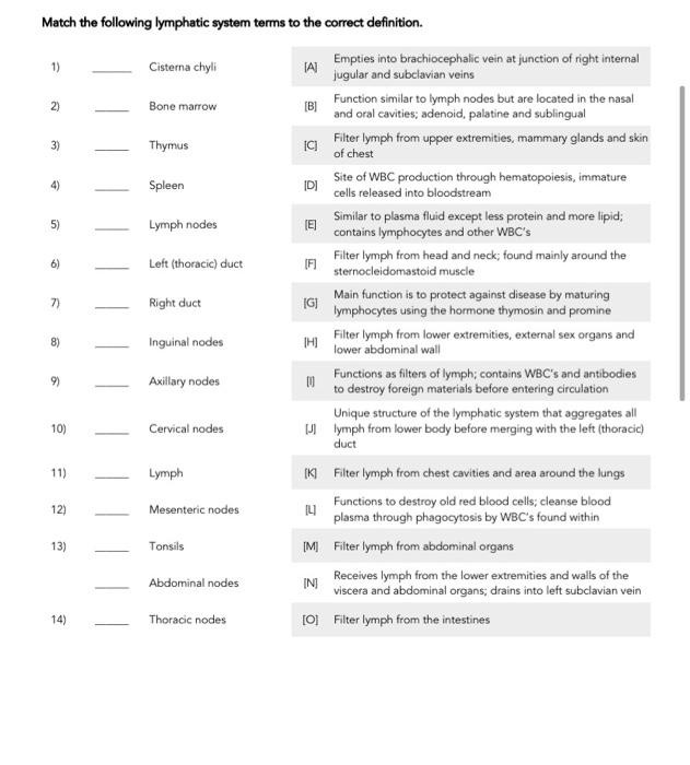 Solved Match the following lymphatic system terms to the | Chegg.com