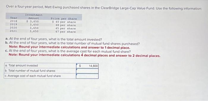 Solved Over a four-year period, Matt Ewing purchased shares | Chegg.com