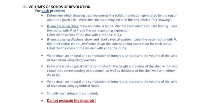 III. VOLUMES OF SOLIDS OF REVOLUTION For each | Chegg.com