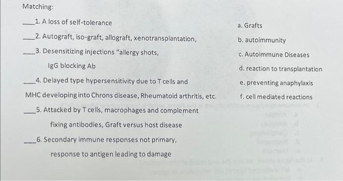 Solved 1. A loss of self-tolerance a. Grafts 2. Autograft, | Chegg.com