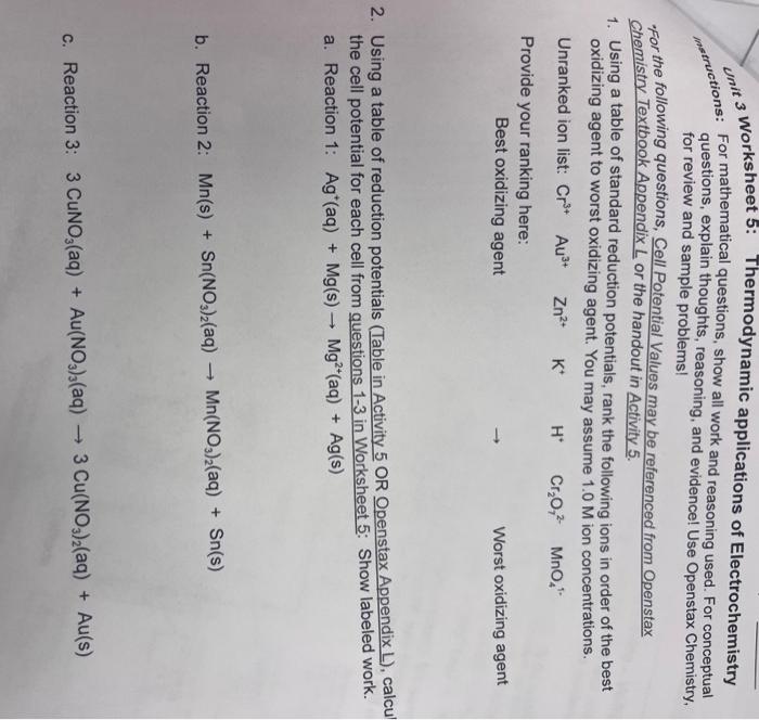 Solved unit 3 Worksheet 5: Thermodynamic applications of | Chegg.com