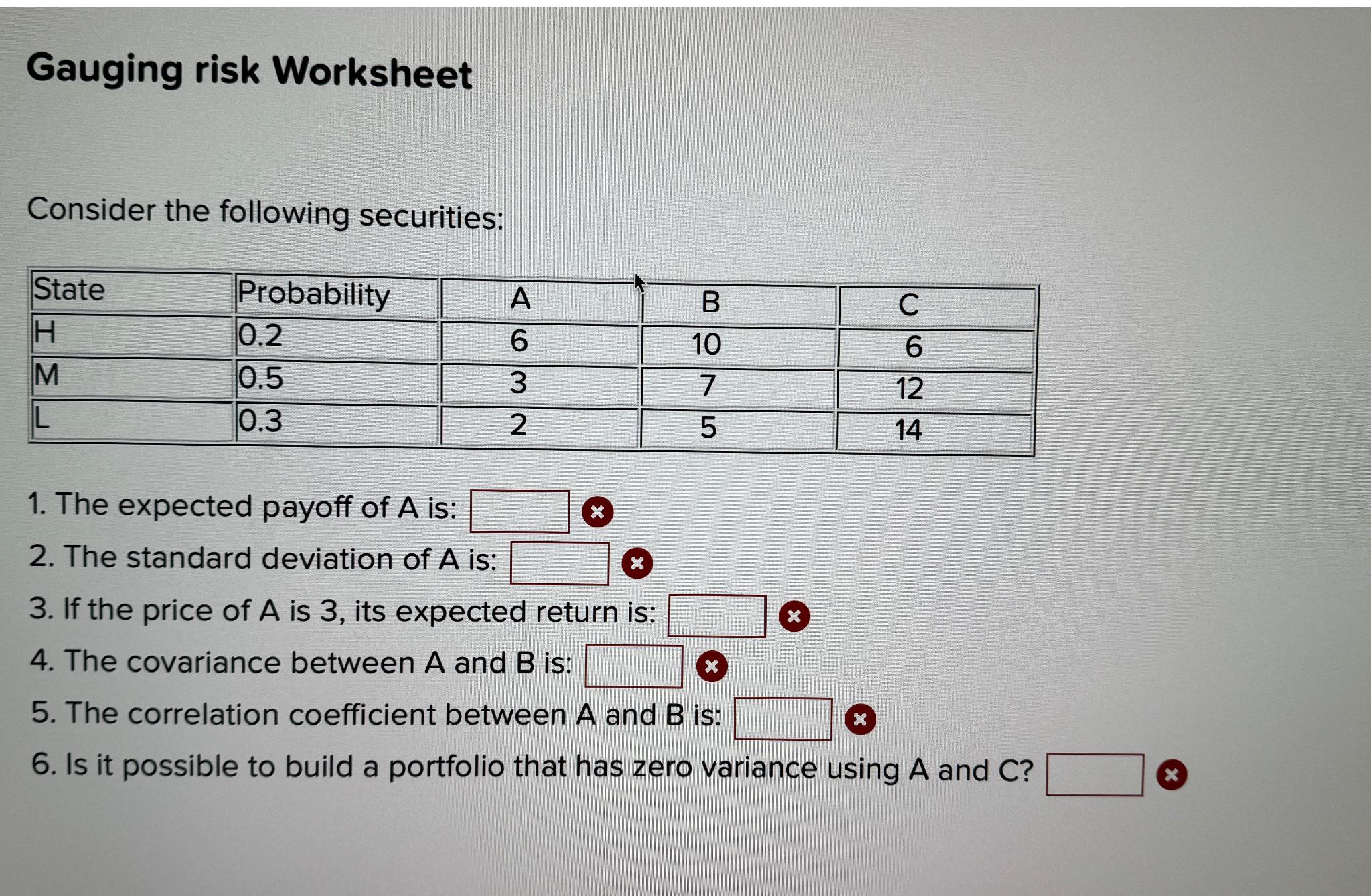 Solved Gauging risk Worksheet\\nConsider the following | Chegg.com
