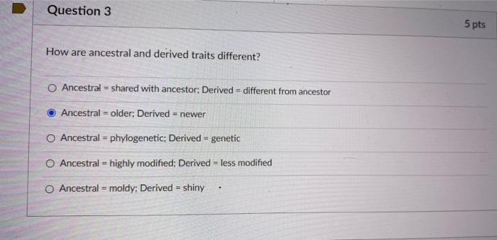 Solved Question 3 5 pts How are ancestral and derived traits | Chegg.com
