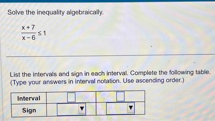 Solved Solve the inequality algebraically. x−6x+7≤1 List the | Chegg.com