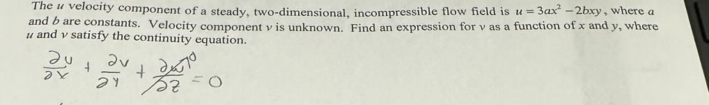 Solved The u ﻿velocity component of a steady, | Chegg.com