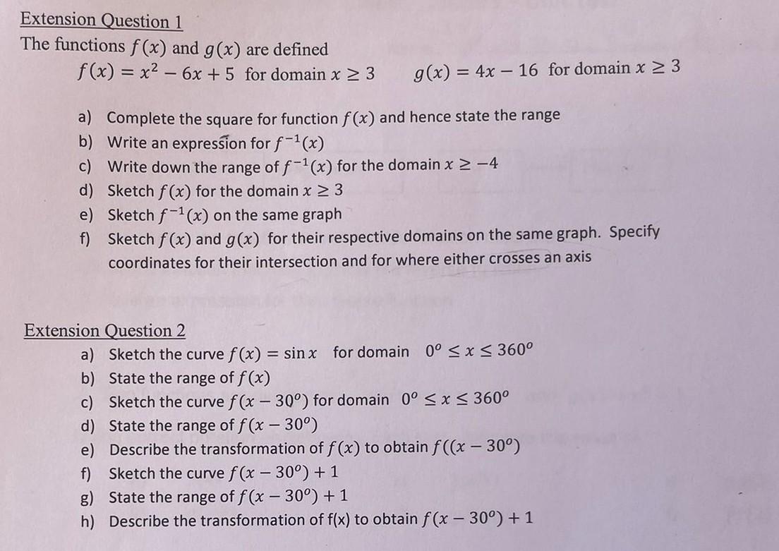Solved Extension Question 1 The functions f(x) and g(x) are | Chegg.com