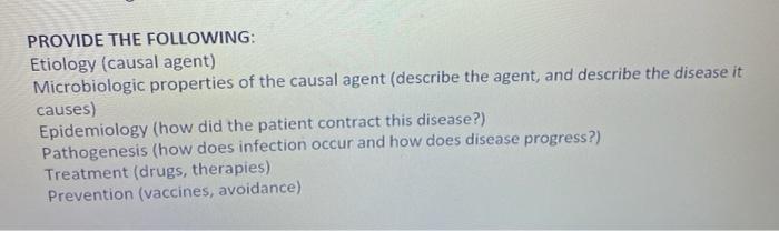 Solved PROVIDE THE FOLLOWING: Etiology (causal agent) | Chegg.com