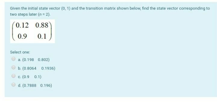 Solved Given the initial state vector (0, 1) and the | Chegg.com