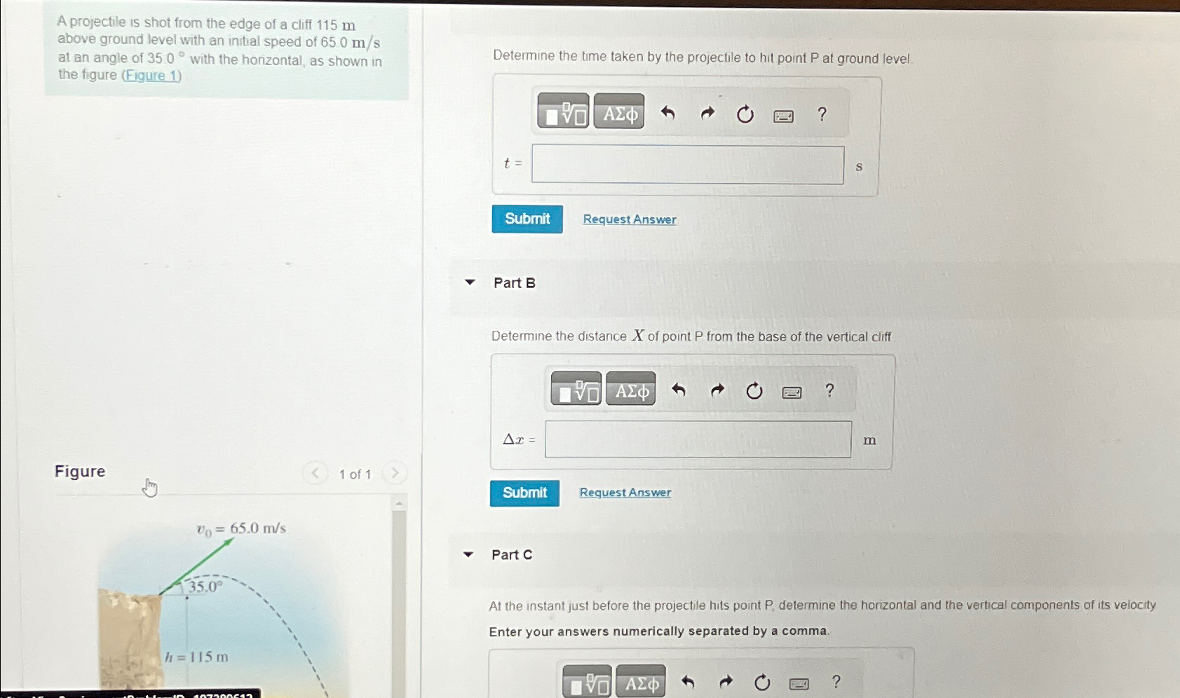 Solved A projectile is shot from the edge of a cliff 115m | Chegg.com
