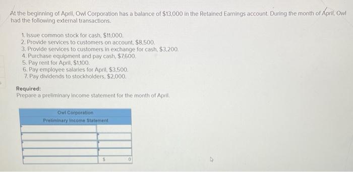Solved At the beginning of April, Owl Corporation has a | Chegg.com