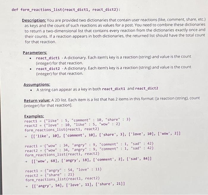 Solved form_reactions_list(react_dict1, react_dict2): | Chegg.com