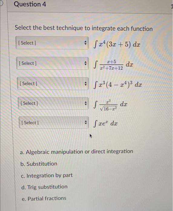 Solved Select the best technique to integrate each function | Chegg.com