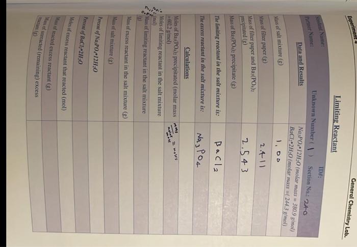 Solved General Chemistry Lab. Limiting Reactant Mos of | Chegg.com