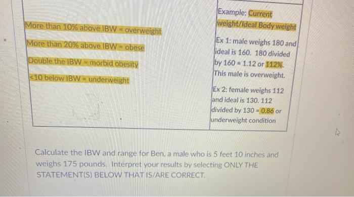 Solved More than 10% above IBW = overweight More than 20% | Chegg.com