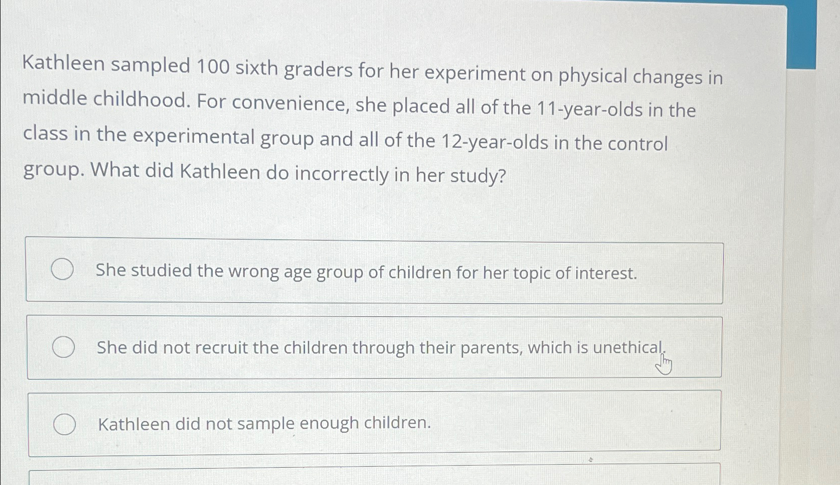 Solved Kathleen sampled 100 ﻿sixth graders for her | Chegg.com