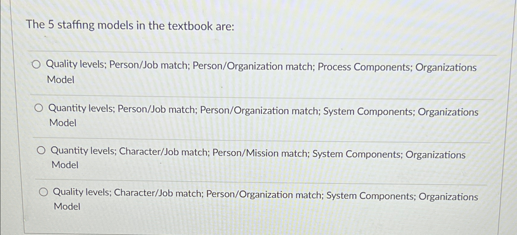 Solved The 5 ﻿staffing models in the textbook are:Quality | Chegg.com