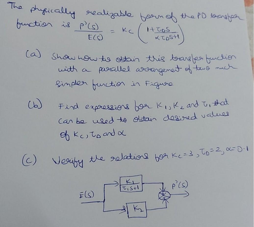 Solved The physically realizable form of the PD transfer | Chegg.com