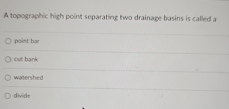 Solved A topographic high point separating two drainage | Chegg.com