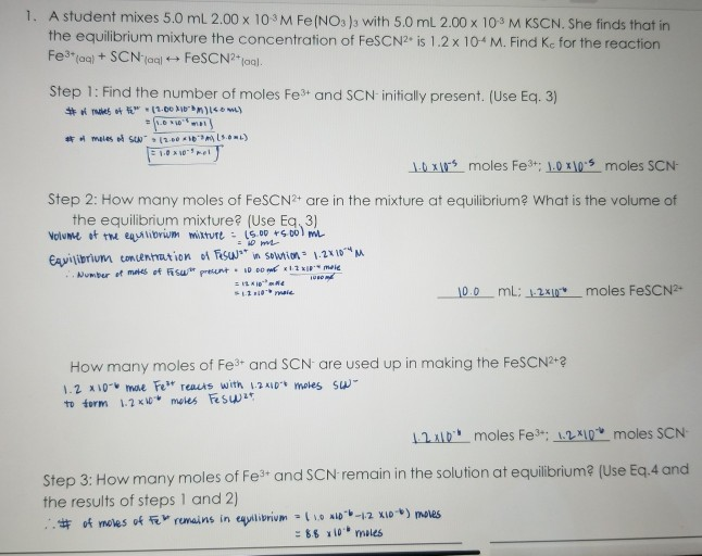 Solved 1. A student mixes 5.0 mL 2.00 x 10' M Fe(NO3 ) with | Chegg.com