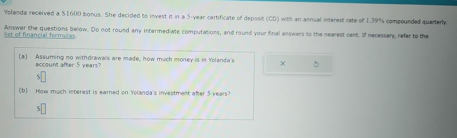 Solved Yolanda received a $1600 ﻿bonus. She decided to | Chegg.com