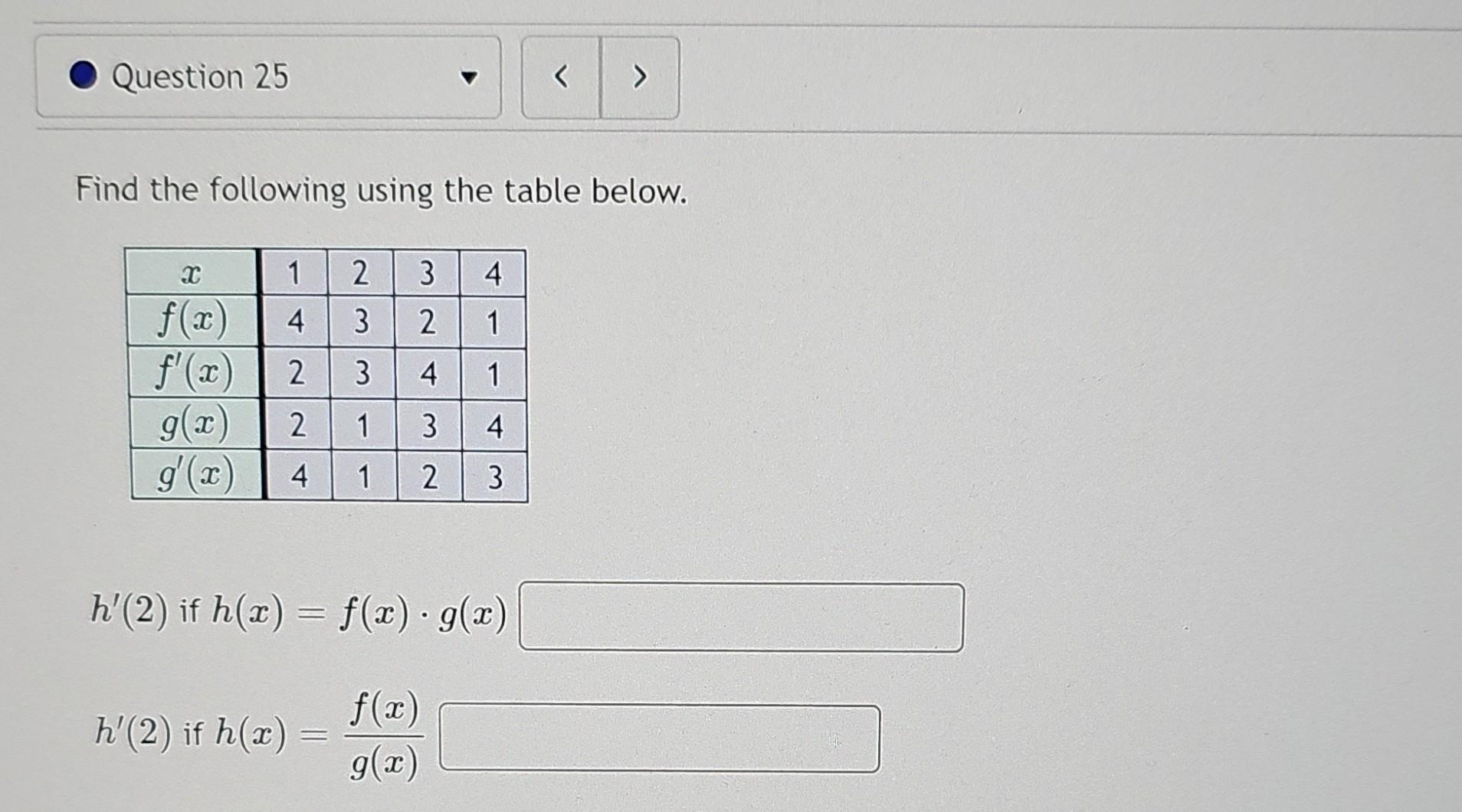 Solved f(x)=h(x)g(x)Find the following using the table | Chegg.com