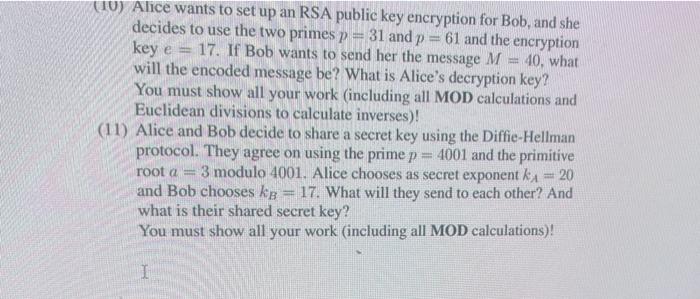 Solved Alice wants to set up an RSA public key encryption | Chegg.com