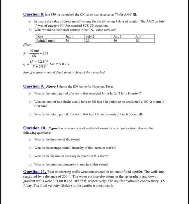 Solved Question 8. In a 350 ha watershed the CN value was | Chegg.com