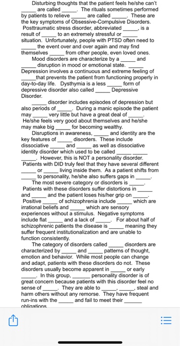 Solved Disturbing thoughts that the patient feels he/she | Chegg.com
