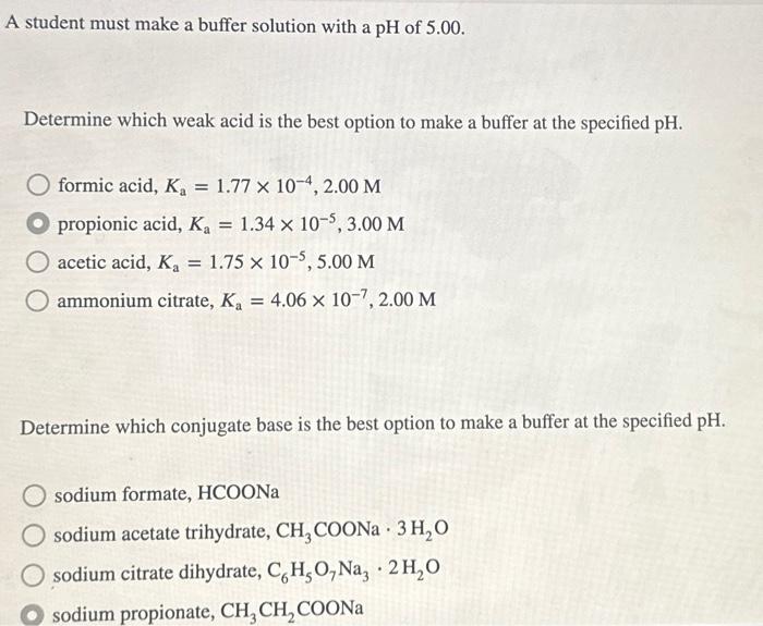 Solved A student must make a buffer solution with a pH of | Chegg.com