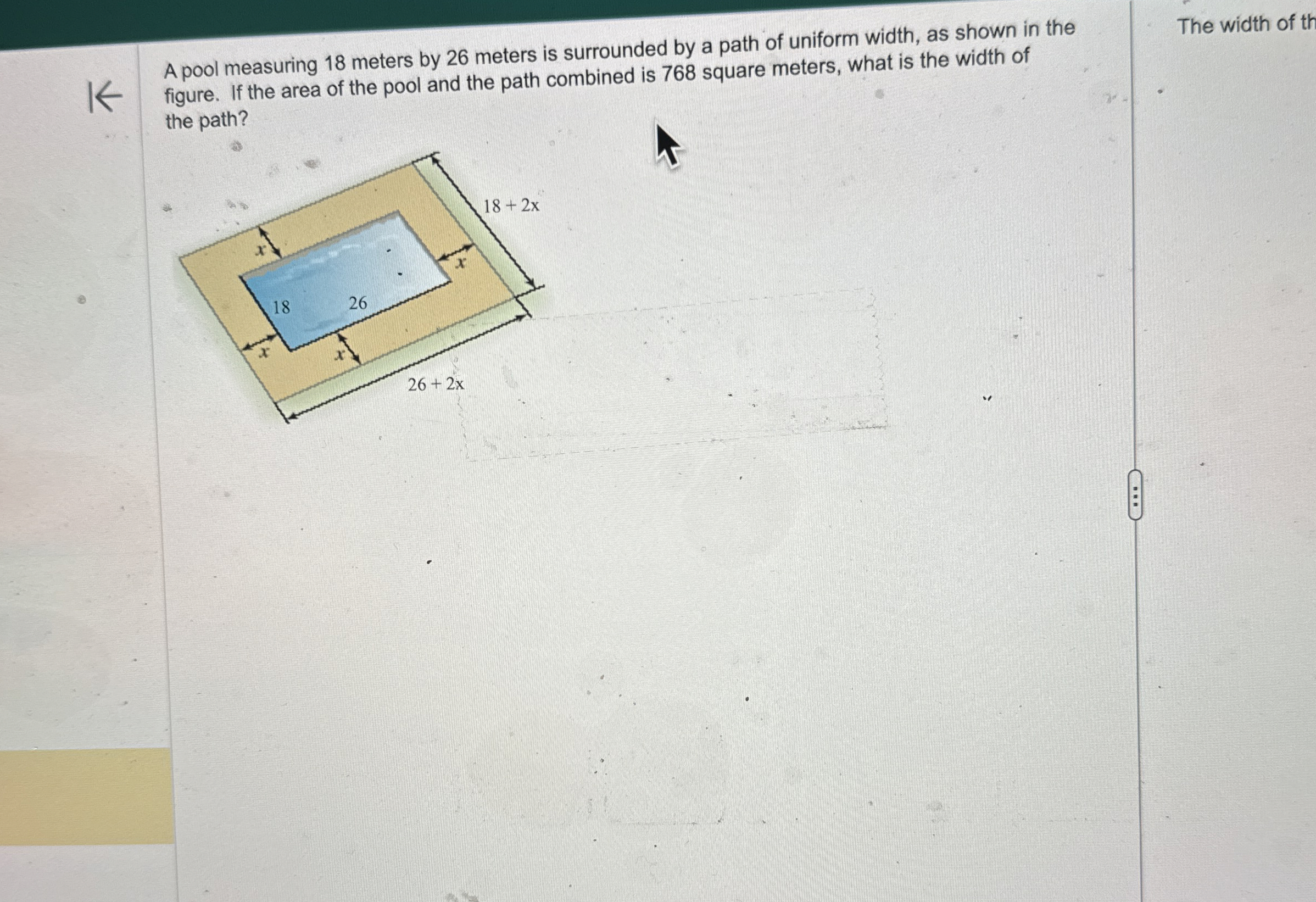 Solved A pool measuring 18 ﻿meters by 26 ﻿meters is | Chegg.com
