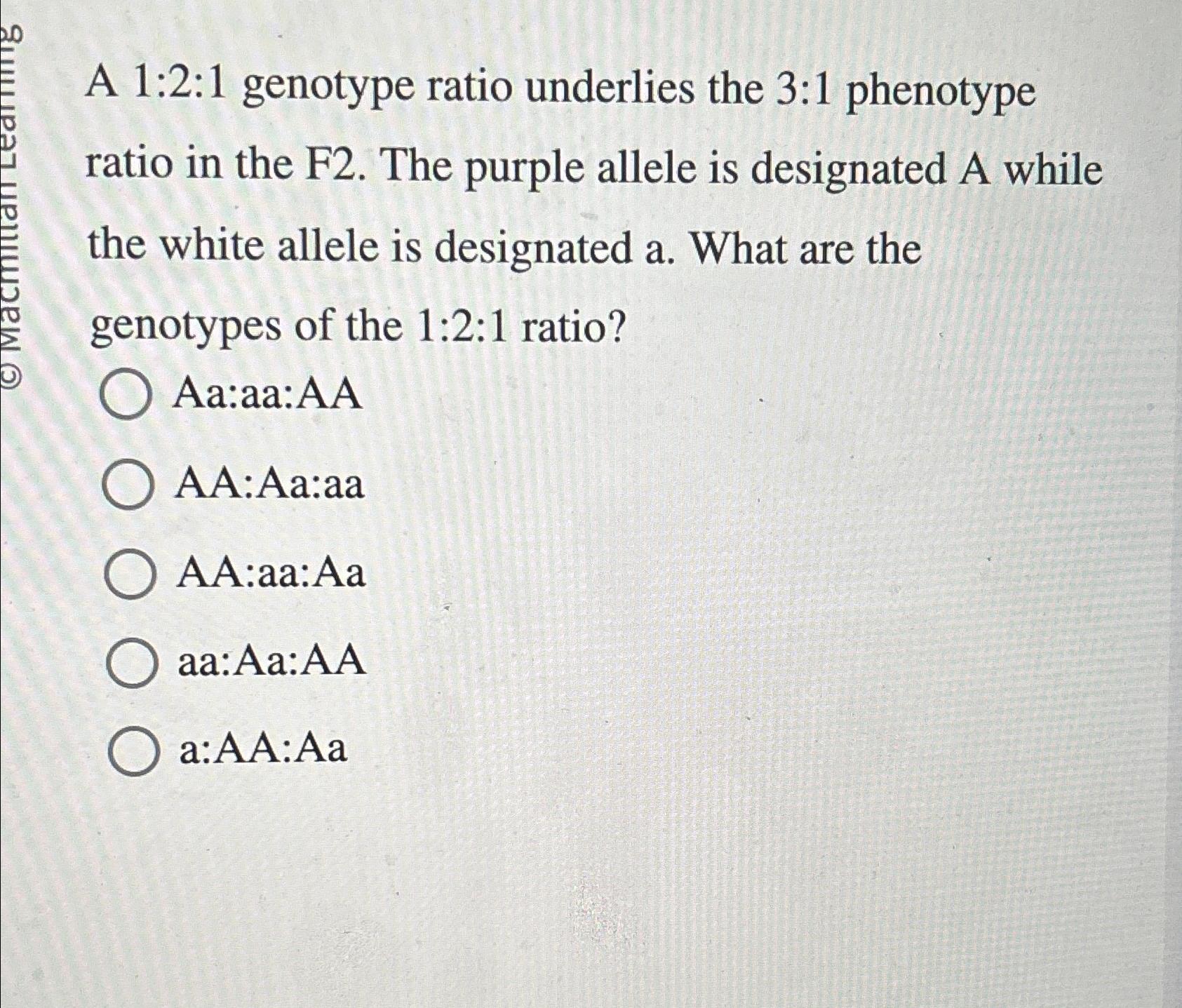 Solved A 1:2:1 ﻿genotype ratio underlies the 3:1 ﻿phenotype | Chegg.com