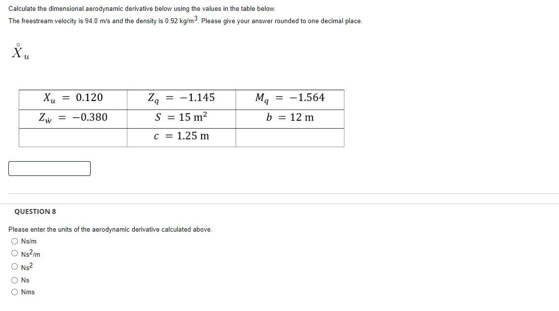 Calculate the dimensional aerodynamic derivative | Chegg.com