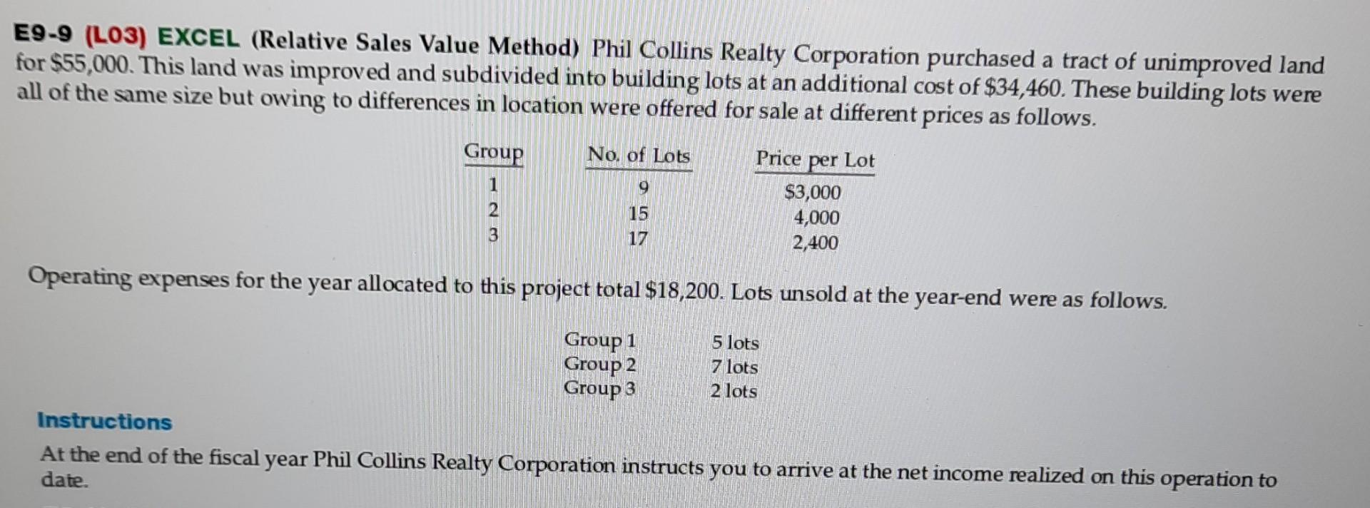 Solved E9-9 (L03) EXCEL (Relative Sales Value Method) Phil | Chegg.com