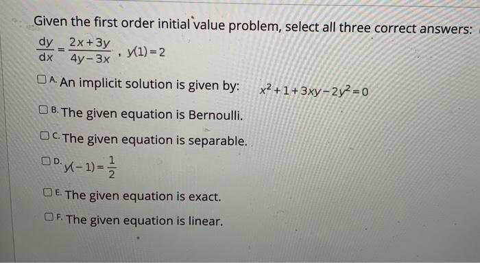 Solved Given the first order initial value problem, select | Chegg.com