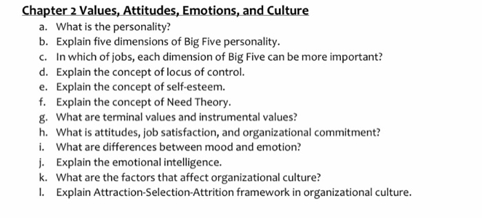 Solved Chapter 2 Values, Attitudes, Emotions, and Culture a. | Chegg.com