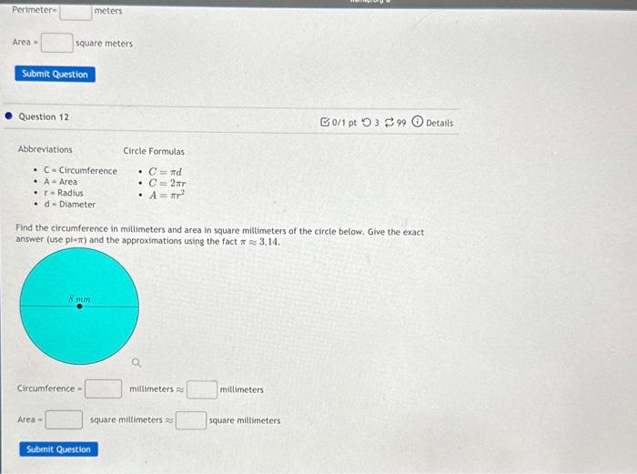 Solved - C = Circumference - C=πd - A = Area - C=2π - r - | Chegg.com