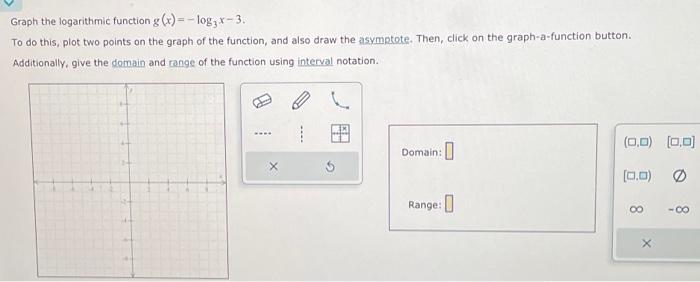 Solved Graph the logarithmic function g(x)=−log3x−3. To do | Chegg.com