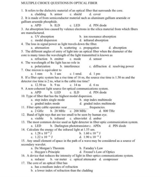 Solved MULTIPLE CHOICE QUESTIONS IN OPTICAL FIBER 1. It | Chegg.com