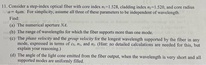 Solved 11. Consider a step-index optical fiber with core | Chegg.com