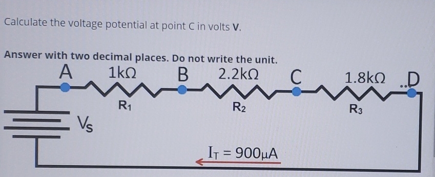 Solved Calculate the voltage potential at point C ﻿in volts | Chegg.com
