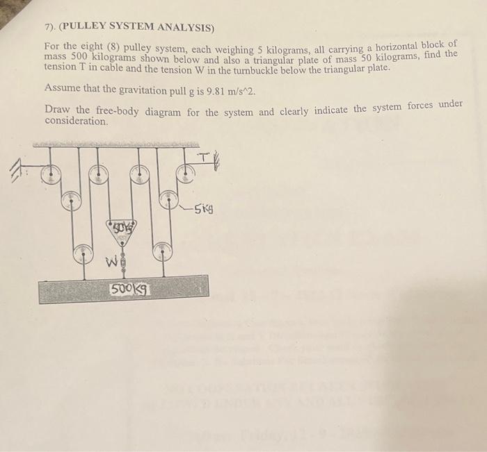 Solved 7). (PULLEY SYSTEM ANALYSIS) For the eight (8) pulley | Chegg.com