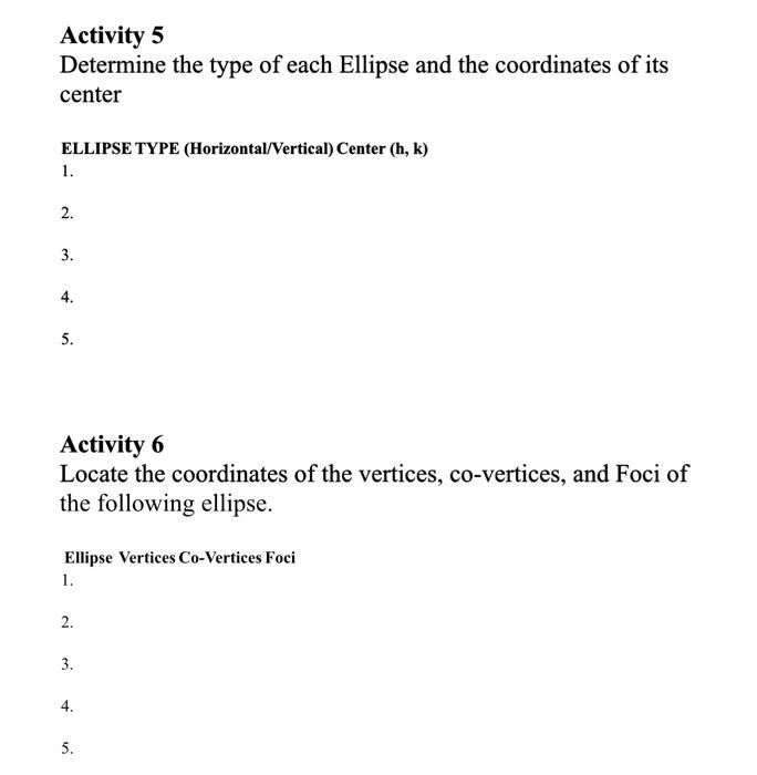Activity 5 Determine the type of each Ellipse and the | Chegg.com