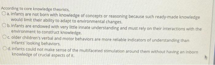 Solved According to core knowledge theorists, a. Infants are | Chegg.com